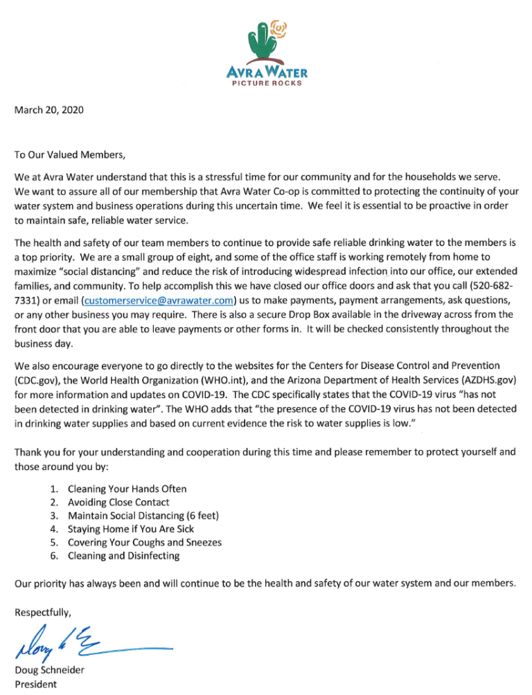 COVID-19 Message To Our Valued Members | Avra Water Co-op, Inc.